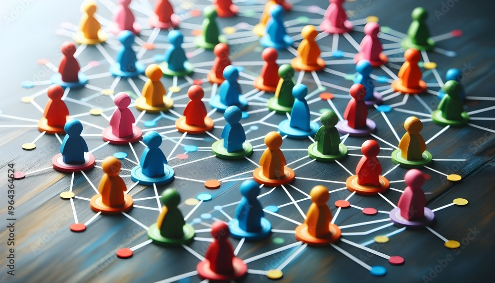 Colorful figurines connected by lines on a network grid illustrating ...