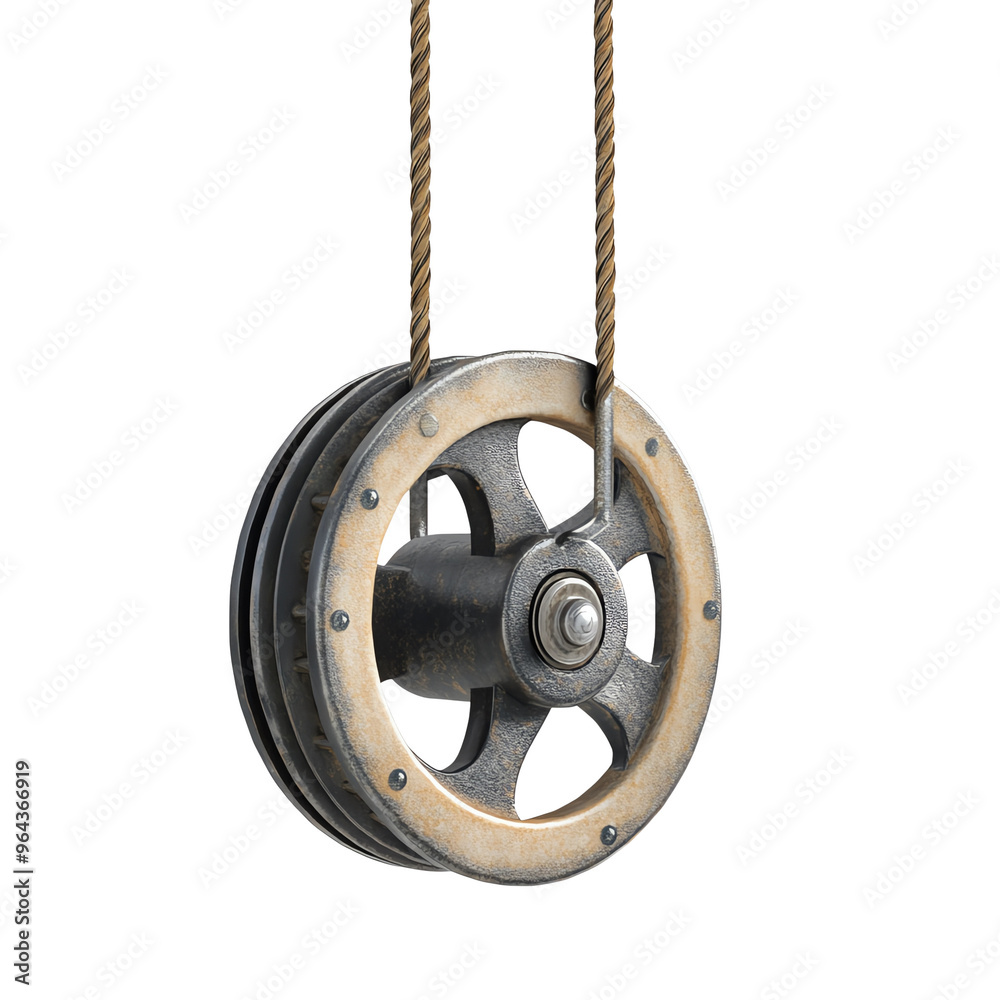 Antique pulley hanging from two ropes, showcasing its vintage design ...