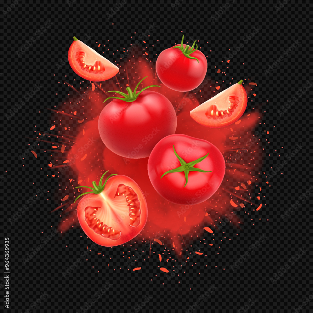 Realistic whole and slice fresh red tomatoes with red explosion effect on dark transparent ...