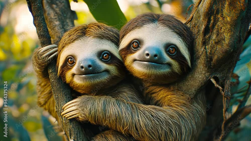 Two sloths are hugging on a tree branch in a rainforest. The sloths ...