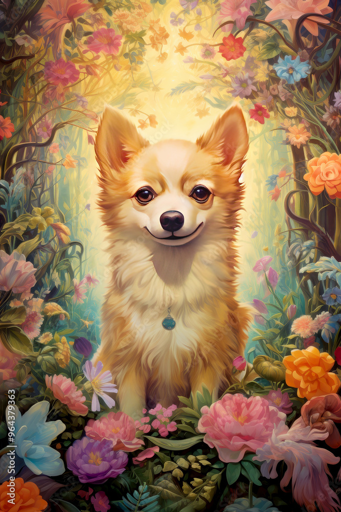 happy cute dog in flower blossom atmosphere golden oil paint abstract ...