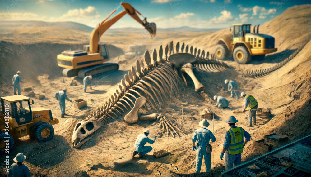 Fictitious excavation of large dinosaur fossils in the desert landscape ...