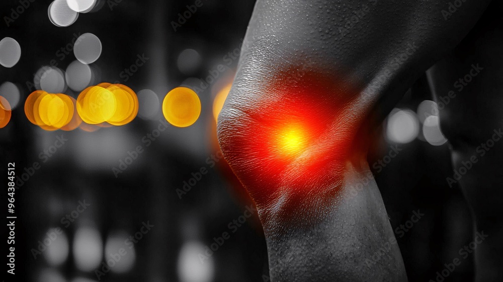 A close-up of a knee with bruising and swelling after a traumatic ...