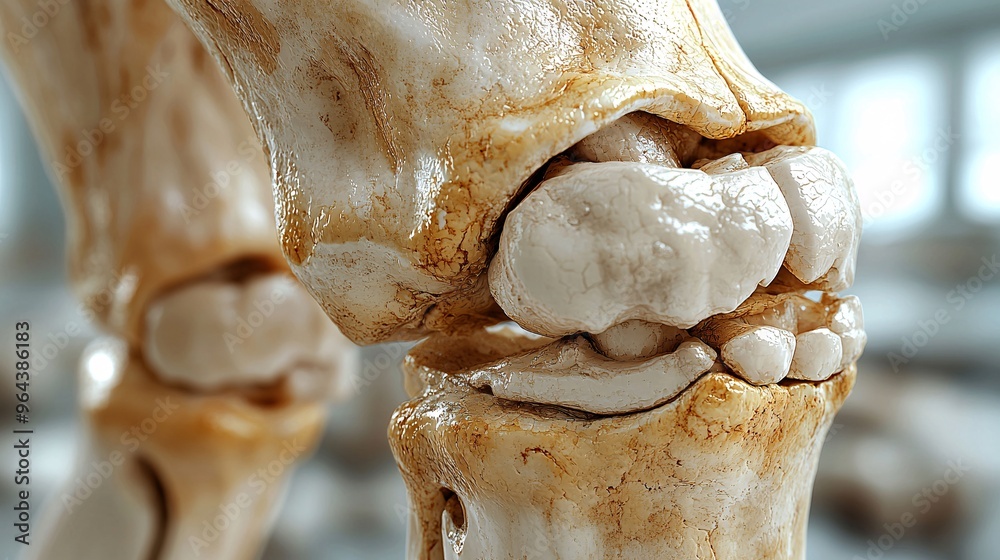 A medical illustration showing the effects of osteoarthritis on a knee ...