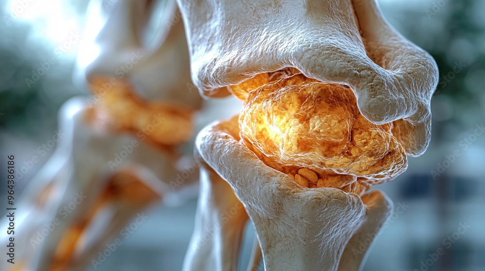 A medical illustration showing the effects of osteoarthritis on a knee ...