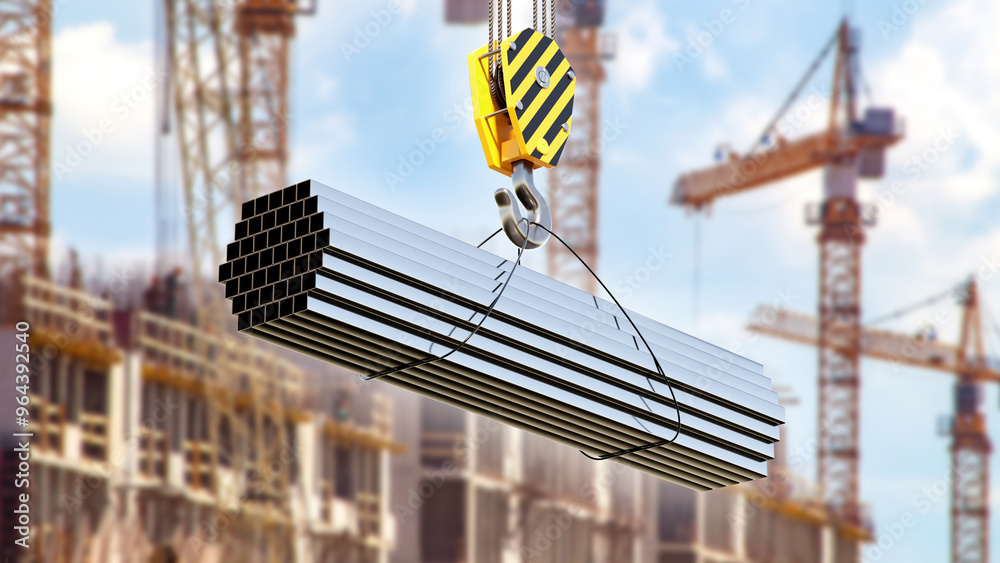 Construction landscape. Pipes are lifted using tower crane ...