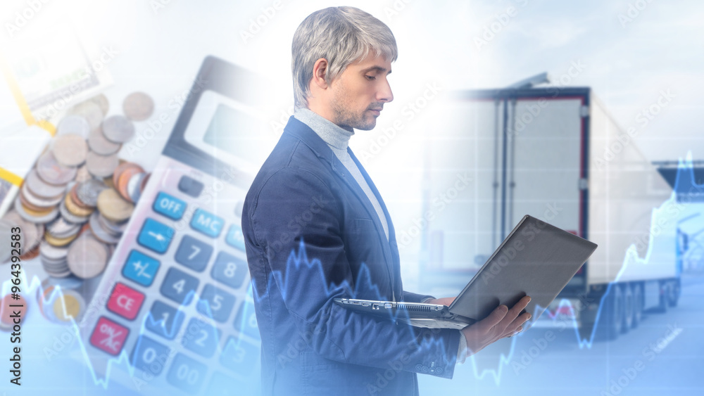 Logistics business. Man owner of truck company. Businessman with laptop ...