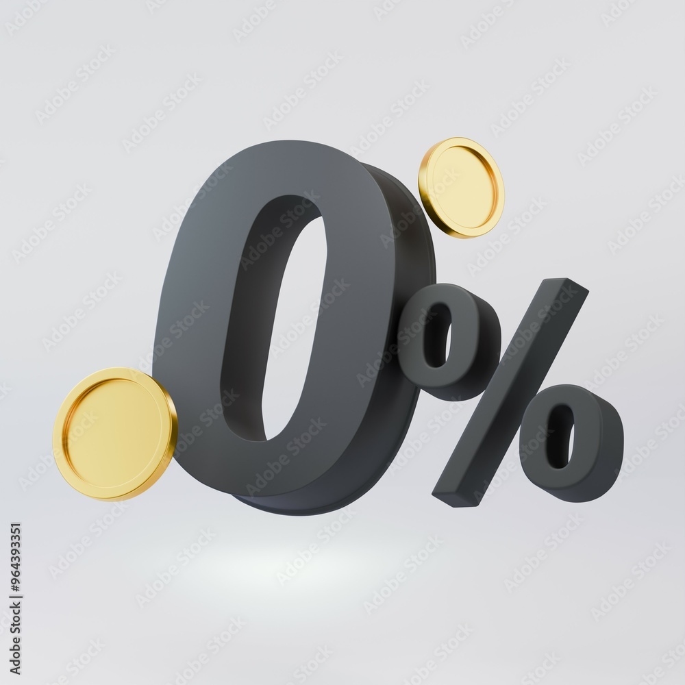 0 percent 3d render in metal style, grey color with golden coins on ...