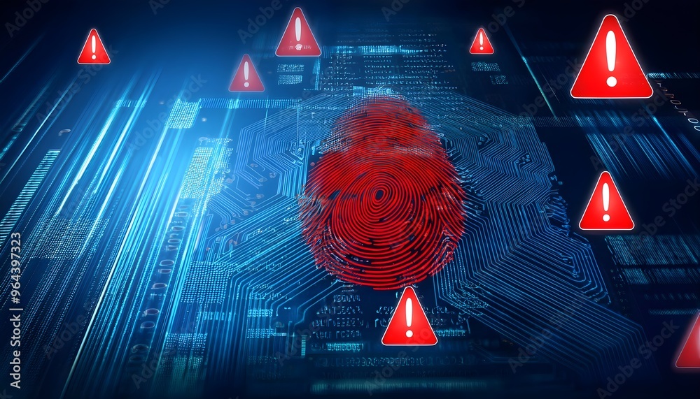 graphic of a scanning or detection process, with red alert symbols ...