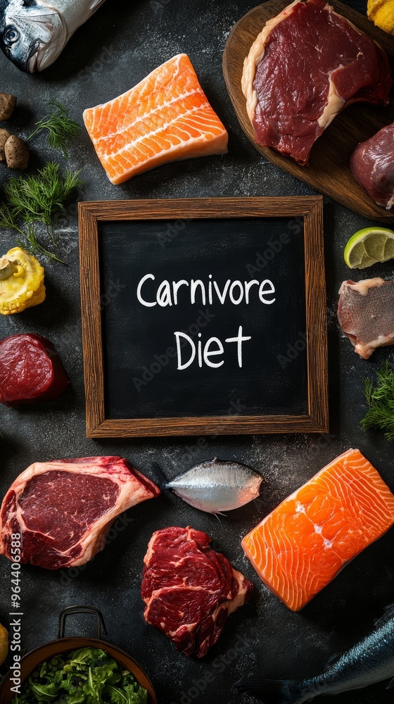 Vertical display of meats and fish around a chalkboard with 'Carnivore ...
