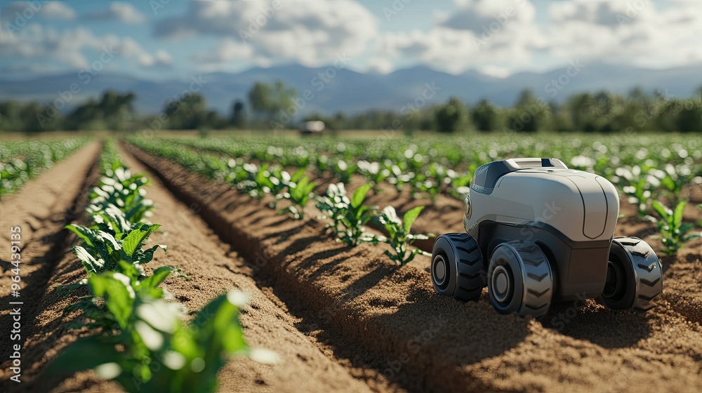 Robots planting seeds in rows of farmland, showing advancements in precision farming Stock ...