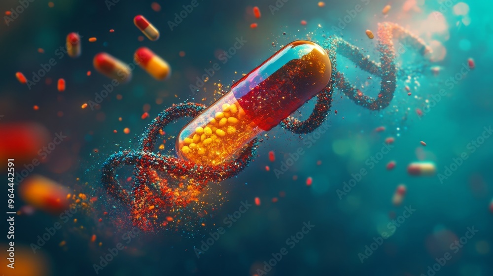 Dynamic scene of a pill dissolving into a twisting DNA helix ...