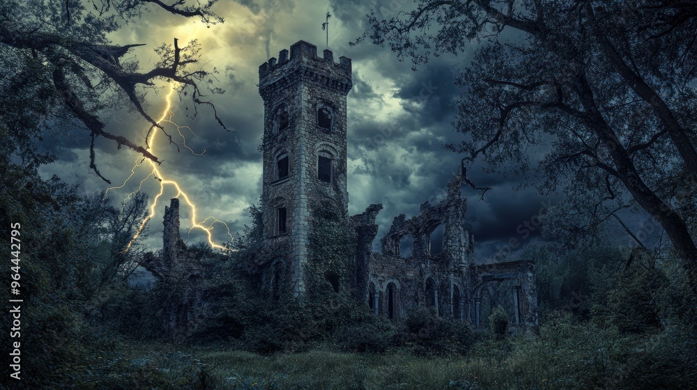 Old, decrepit castle with lightning flashing in the background ...