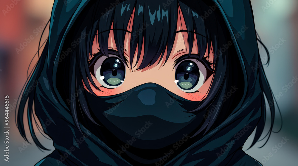 Young manga ninja girl with large, glowing red eyes and traditional ...