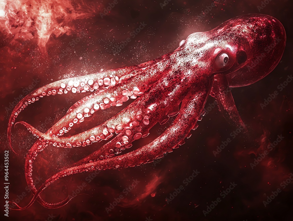 Giant squid deep in the ocean close up, focus on, copy space dark red ...