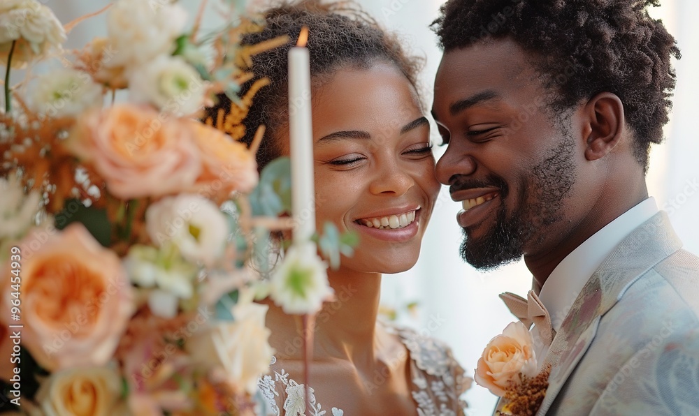 A couple with radiant smiles, exchanging wedding vows with tears of joy ...
