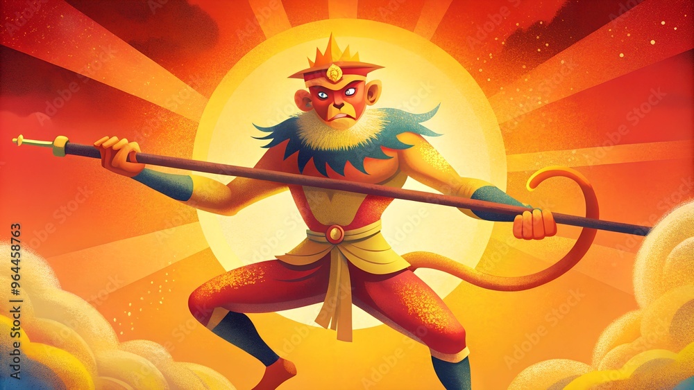 Monkey King, also known as Sun Wukong, posing on a staff. A legendary ...