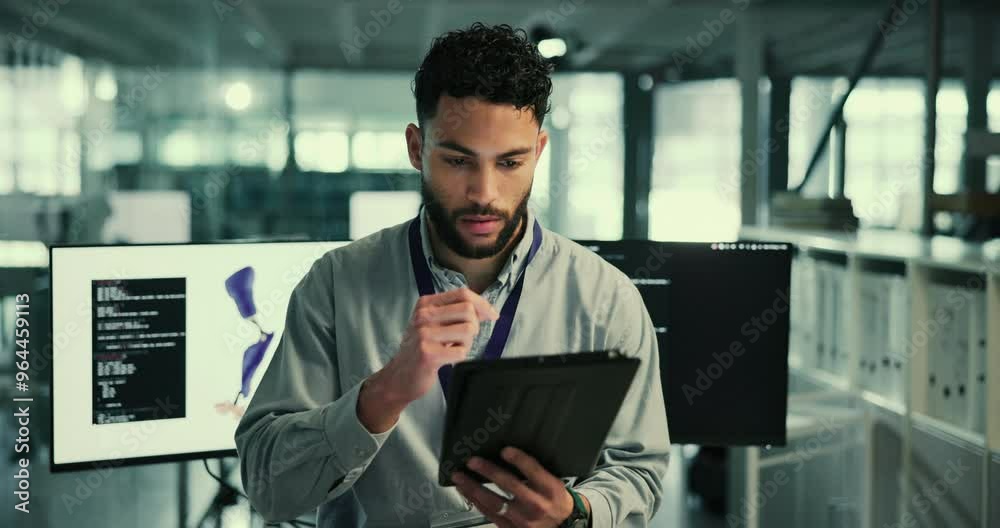 Computer, tablet and man with artificial limb for coding innovation, ai ...