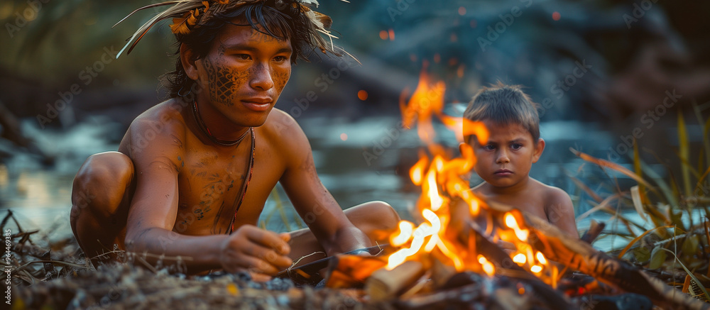 An Indigenous father and son building a campfire together ...