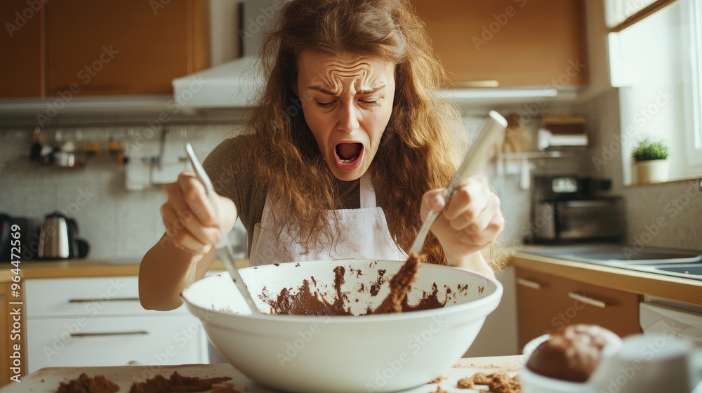 Clueless clumsy housewife attempting to make a dessert in her kitchen ...