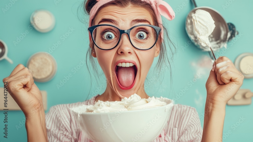 Clueless clumsy housewife attempting to make a dessert in her kitchen ...