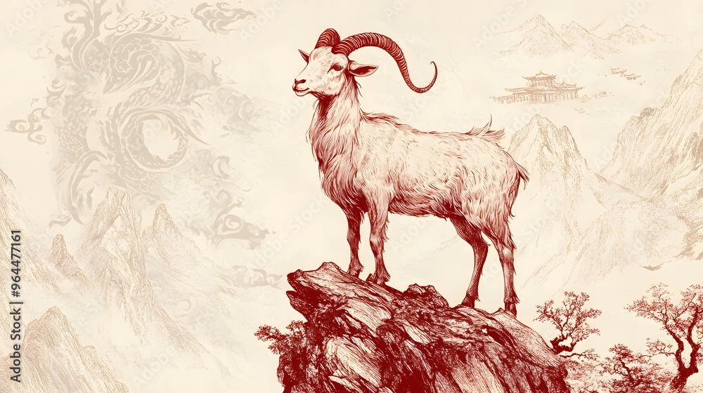 Chinese Zodiac Goat in Gentle Earth Tones: A serene goat, depicted in ...