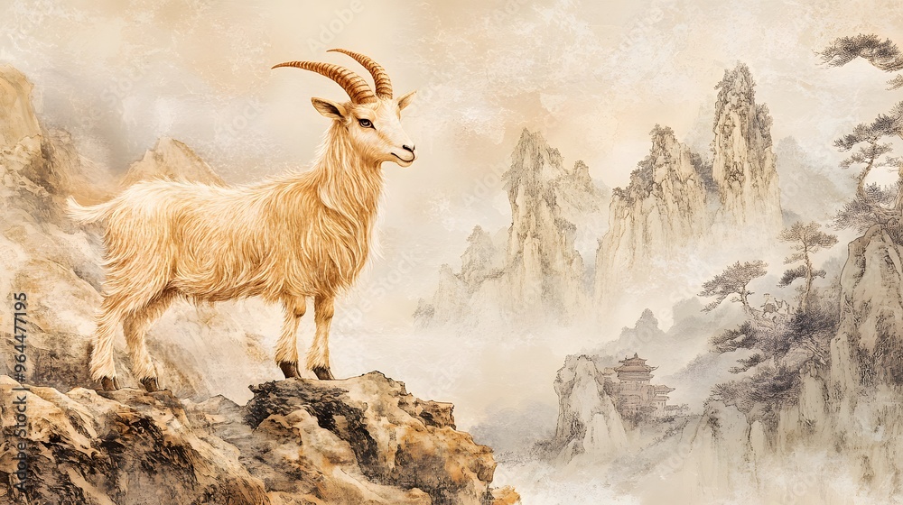Chinese Zodiac Goat in Gentle Earth Tones: A serene goat, depicted in ...