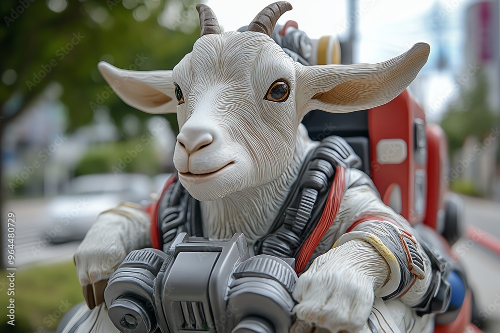 Funny statue, goat wearing a jetpack, preparing for takeoff combines ...