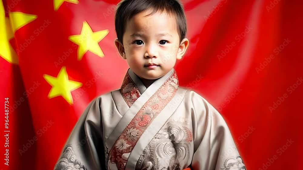 An Chinese boy dressed in traditional clothing stands proudly beside ...