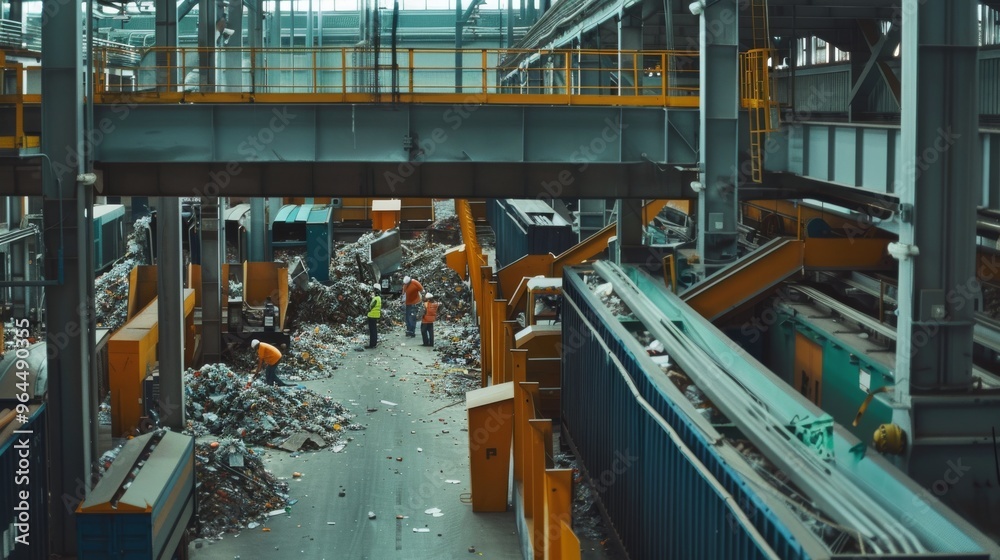 An industrial recycling facility with workers sorting through waste ...