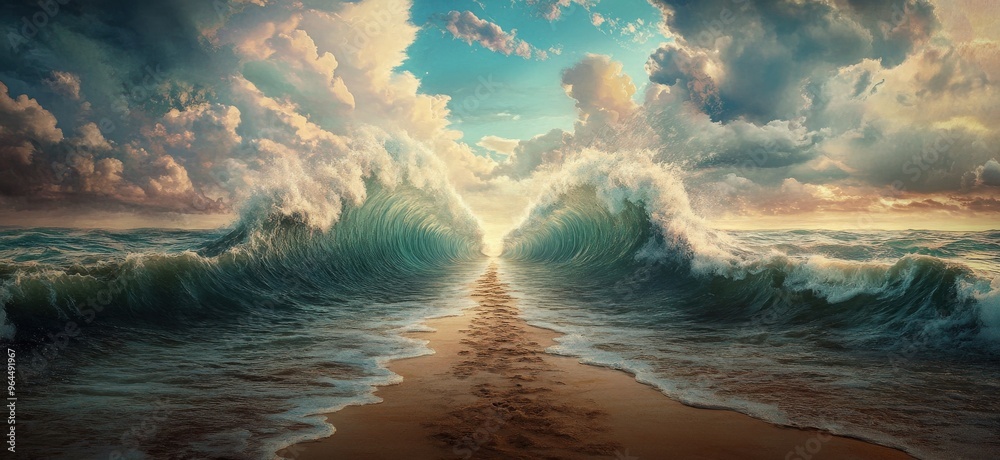 Ocean splitting open to create a wide pathway, portraying Moses parting ...