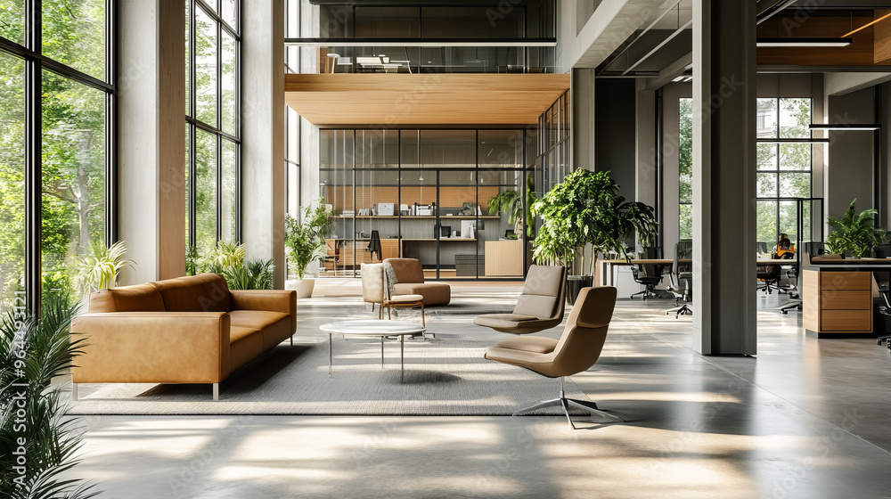 The image shows a modern office with lots of space. It has simple ...