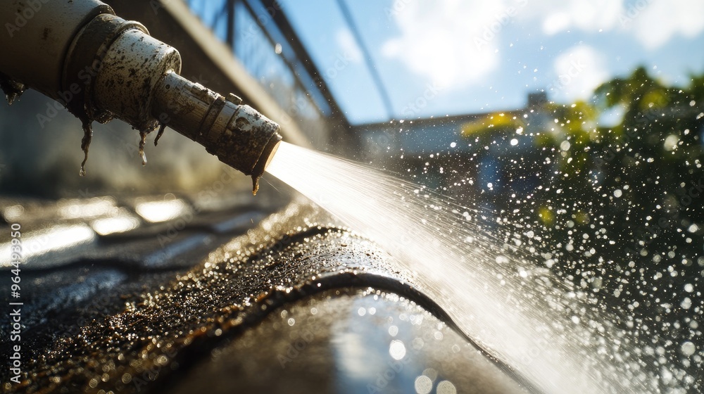 Water jet under high pressure washing dirt off a roof, removing debris ...