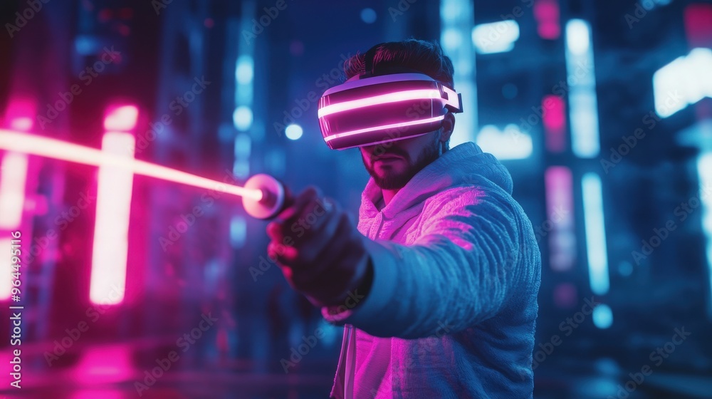 Energetic man with VR glasses fencing neon sword with music block ...
