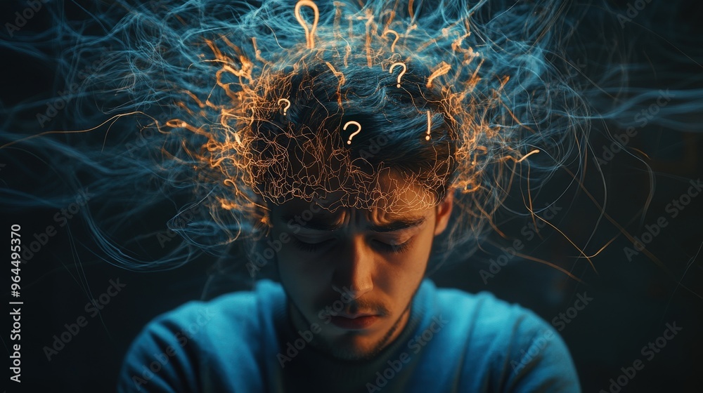 Sad young man with worried stressed face expression and brain melting ...