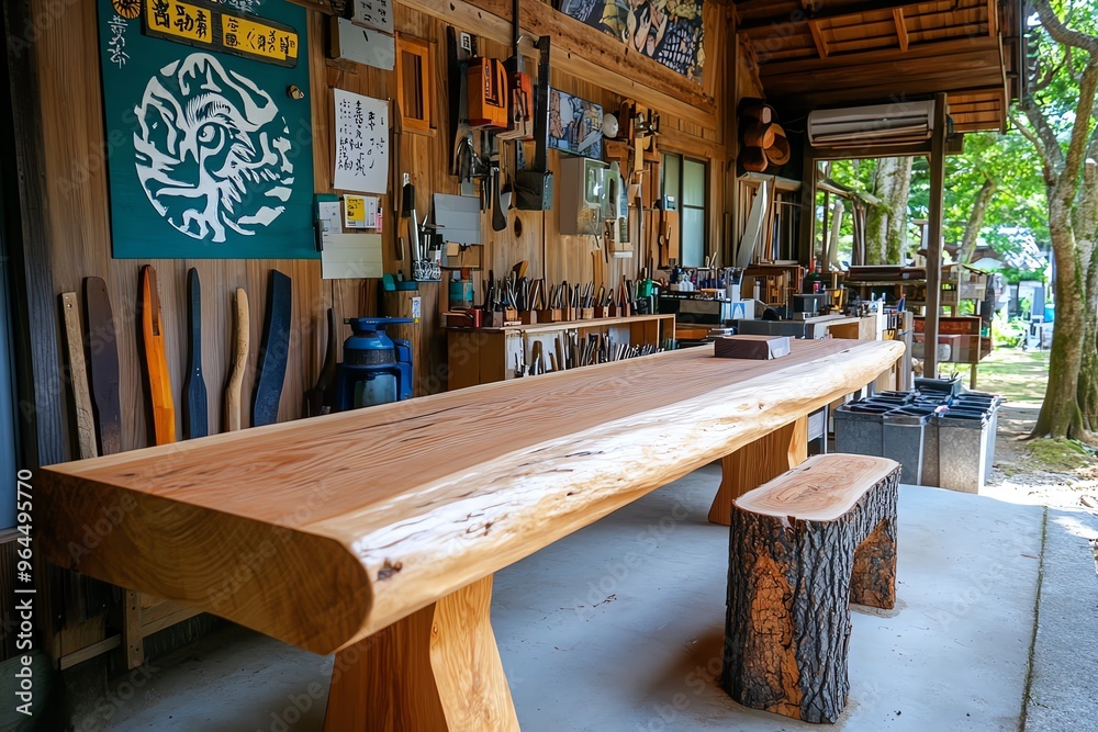 Japanese farm, carpentry workshop beside the house, handcrafting tools ...