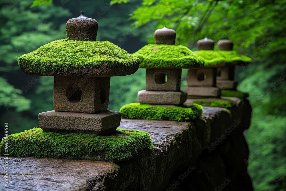 Japanese farm, moss-covered stone lanterns, ancient symbols of light ...