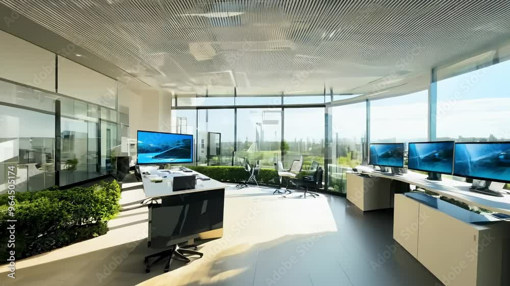 Bright office space with floor-to-ceiling windows, natural light, and ...