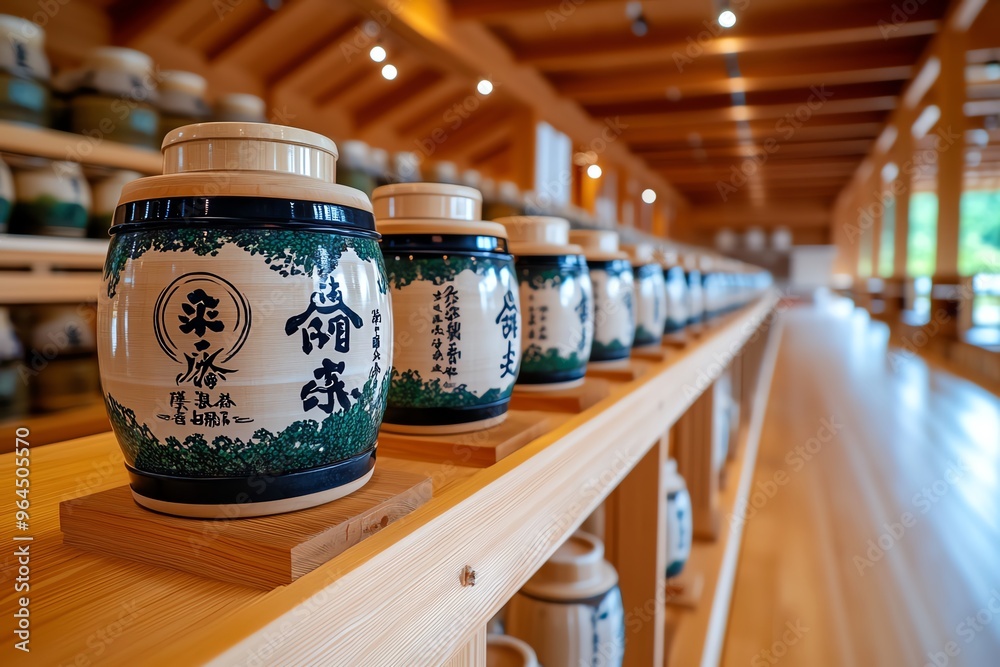 Japanese farm, sake barrels stacked high, rice wine production ...