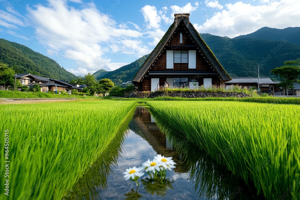 Japanese farm, thatched-roof farmhouse, rustic and charming stands as a ...