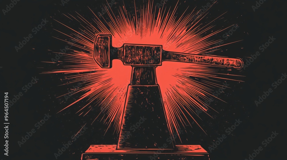 Hand-drawn, monochromatic vector illustration depicting a red hammer ...