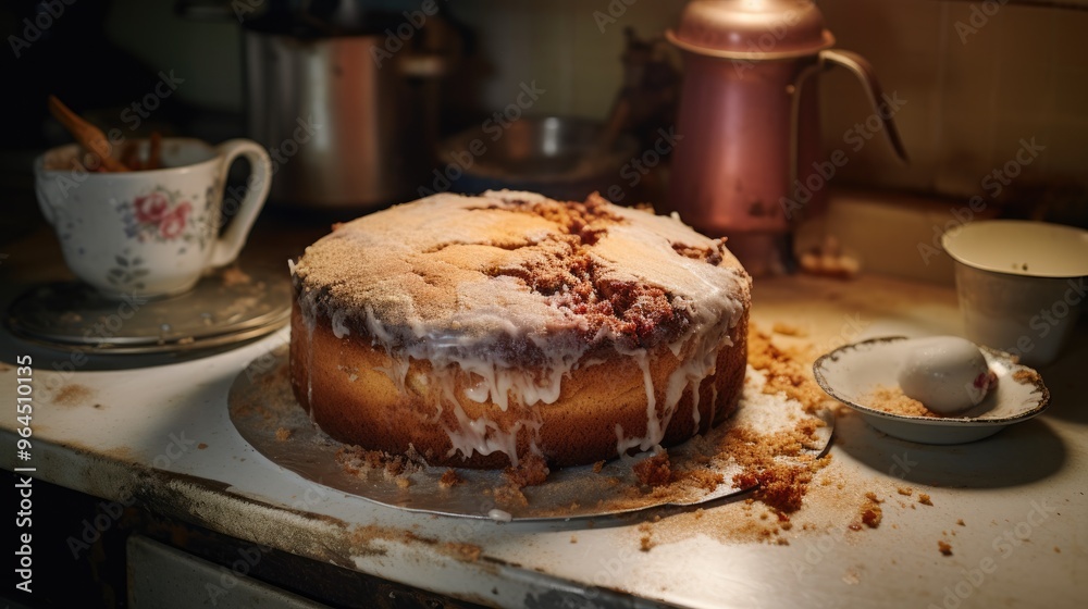 A detailed image of an old, neglected cake on a kitchen counter, with ...