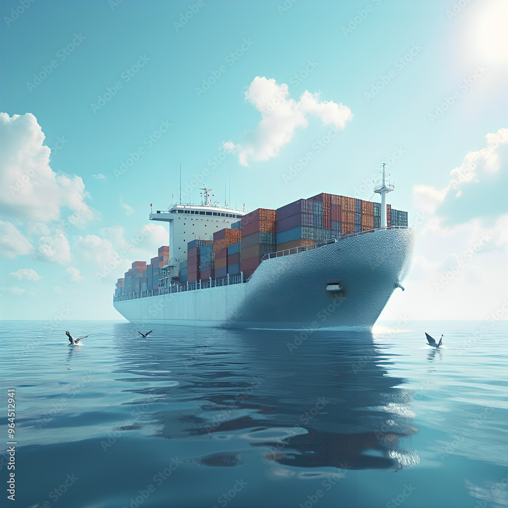 In a stunning digital masterpiece, a unique container ship adorns its ...