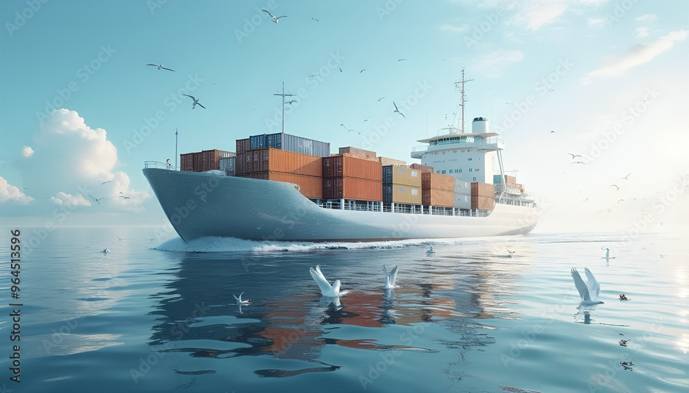 In a stunning digital masterpiece, a unique container ship adorns its ...