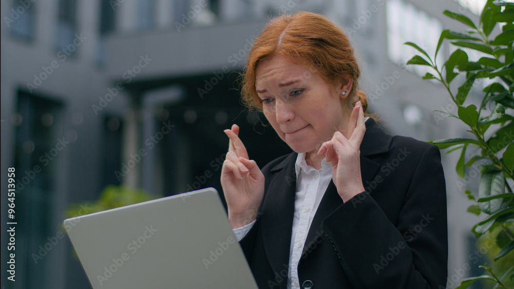 Nervous Caucasian ginger girl businesswoman female woman student worker ...