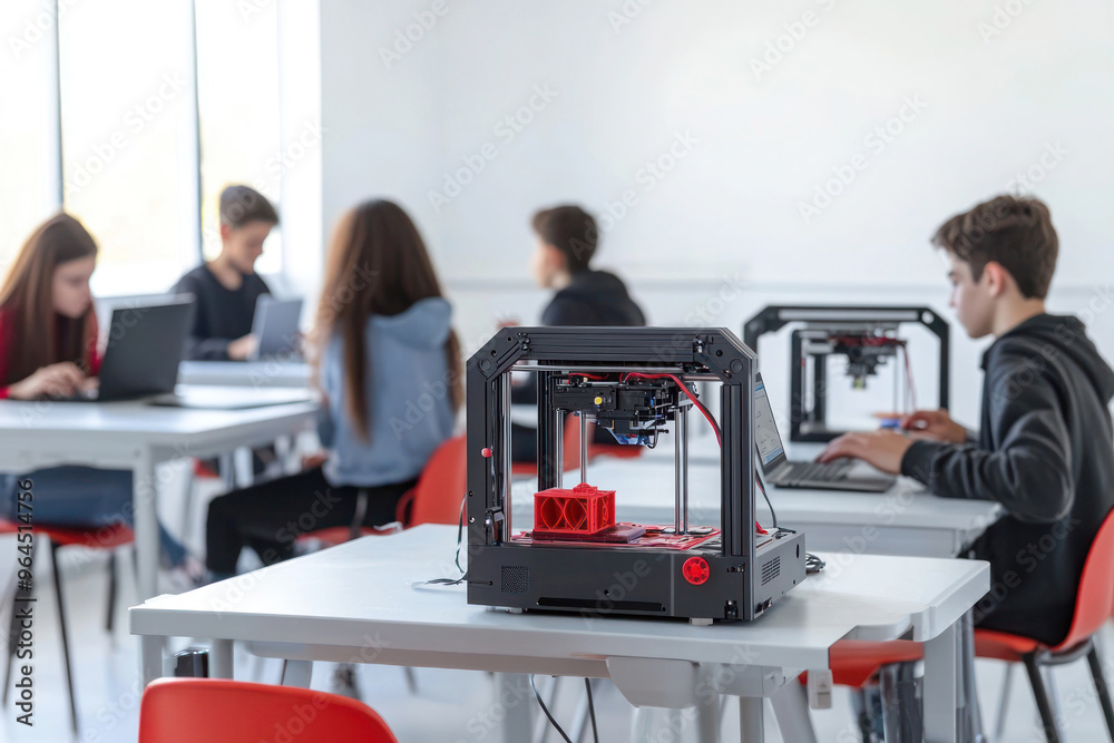 STEM Classroom with Students Using 3D Printers and Coding Software on ...
