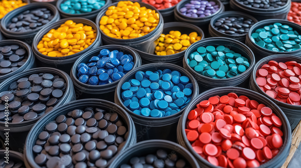 Plastic containers filled with colorful round tokens in various bright ...