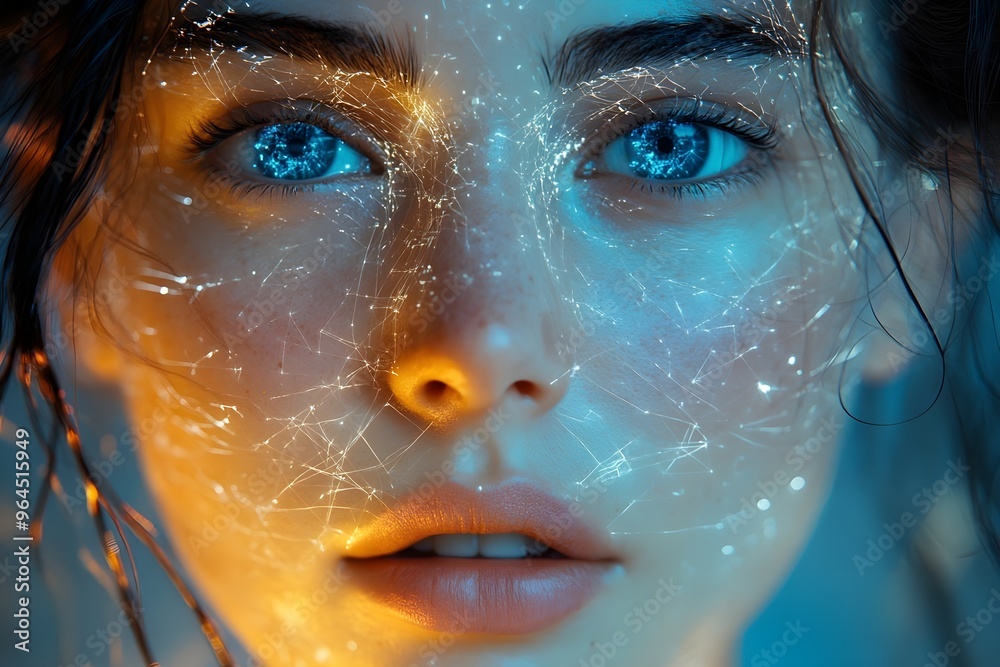 Woman's face emerging from a matrix of quantum computing elements Stock ...