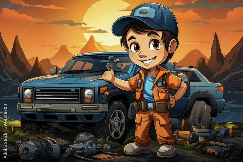 Smiling mechanic boy working in a garage with tools Stock Illustration ...