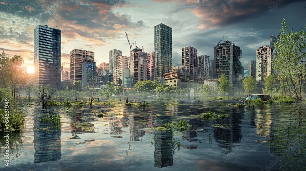 Dystopian cityscape depicting climate change impacts with rising water ...